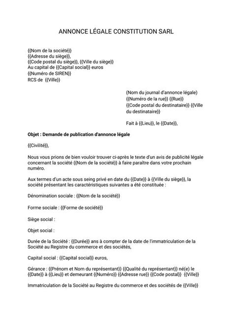 Annonce légale constitution SARL modèle à télécharger 2023