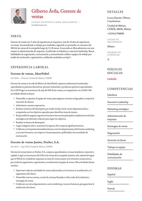 Currículum para Gerente de ventas Hojas de vida creativas Cv gratis