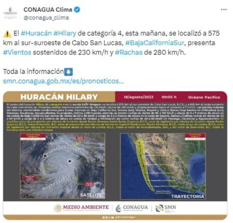 Huracán Hilary categoría 4 sigue su trayectoria por México