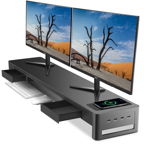 Meatanty Dual Monitor Stand Riser With 2 Drawers 4 Usb Ports And
