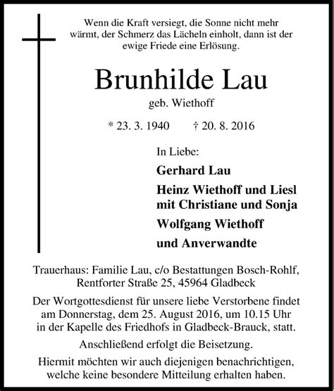 Traueranzeigen Von Brunhilde Lau Trauer In NRW De