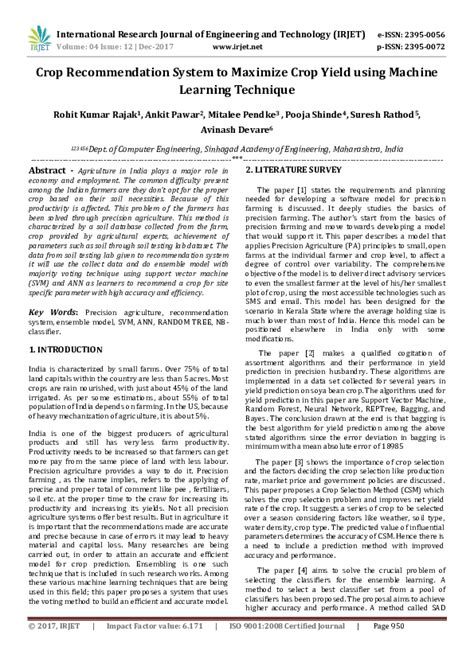 pdf crop recommendation system to maximize crop yield using machine learning technique irjet
