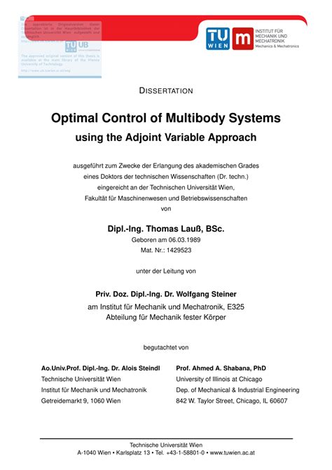 pdf optimal control of multibody systems using the adjoint variable approach