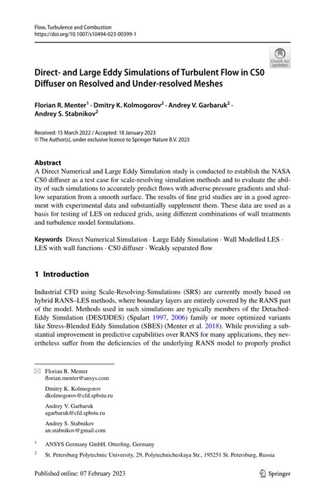 pdf direct and large eddy simulations of turbulent flow in cs0 diffuser on resolved and under
