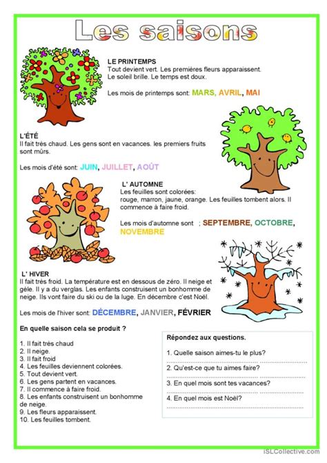Les Saisons Compr Hension G N Rale D Fran Ais Fle Fiches Pedagogiques