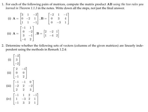 solved 1 for each of the following pairs of matrices
