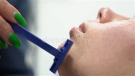 Shaving Female Mustache Concept Close Up Shot Of Doctor Shaves Female
