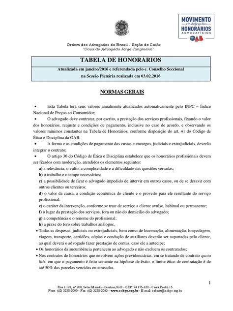 PDF Tabela de Honorários OAB GO Atualizada 2016 DOKUMEN TIPS