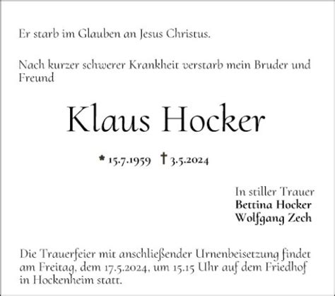 Traueranzeigen Von Klaus Hocker Trauerportal Ihrer Tageszeitung