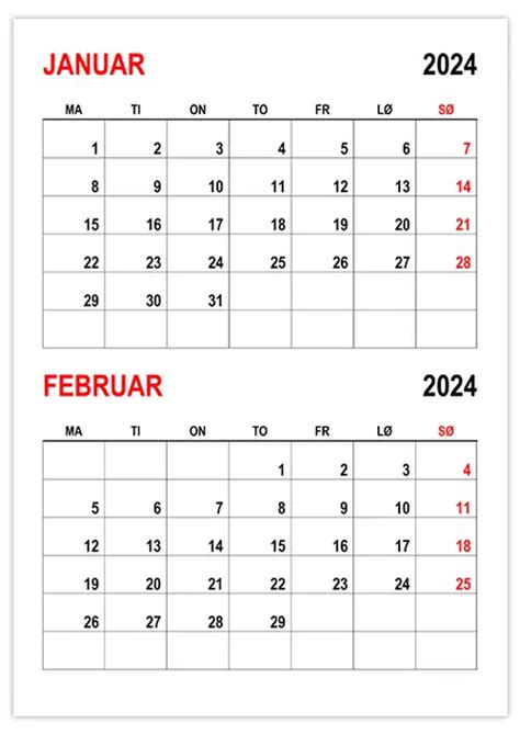 Printbar Kalender For Januar Og Februar 2024 Kalenderdk Su