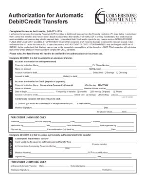 Fillable Online Authorization For Automatic DebitCredit Transfers Fax