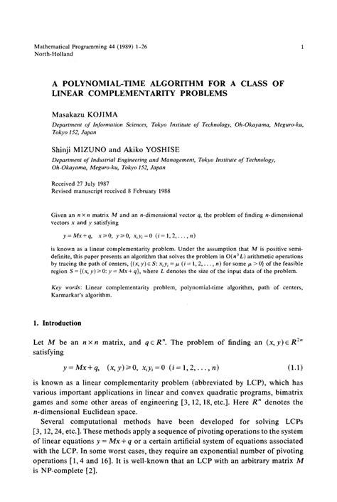 pdf a polynomial time algorithm for a class of linear complementarity problems