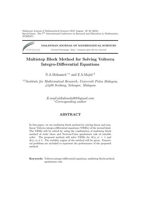 pdf multistep block method for solving volterra integro differential equations