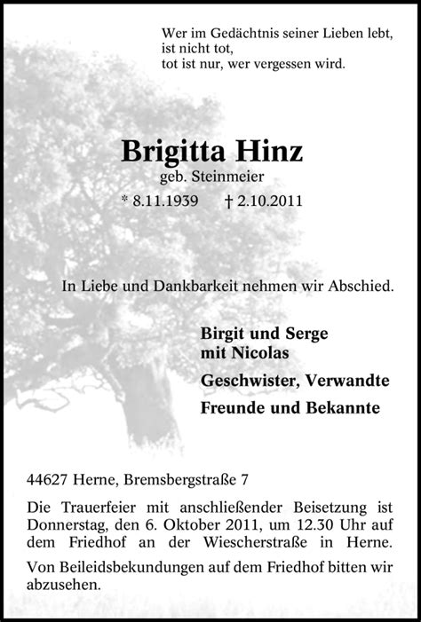 Traueranzeigen Von Brigitta Hinz Trauer In NRW De