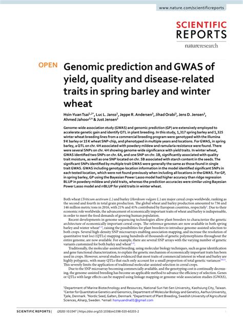 pdf genomic prediction and gwas of yield quality and disease related traits in spring barley