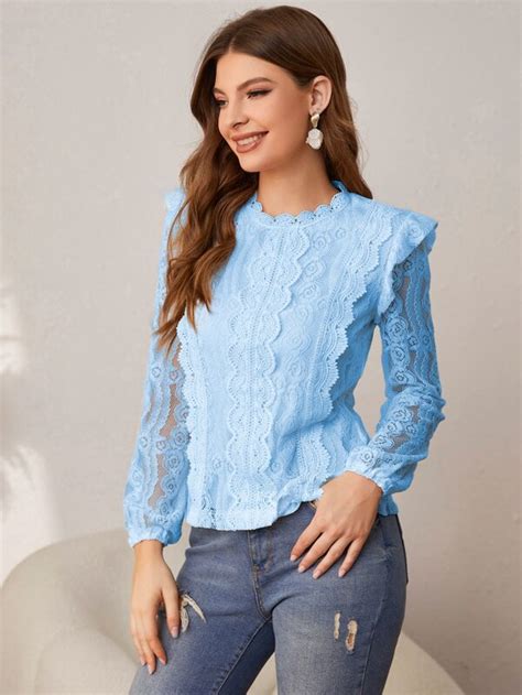 Simplee Guipure Lace Keyhole Back Blouse SHEIN USA