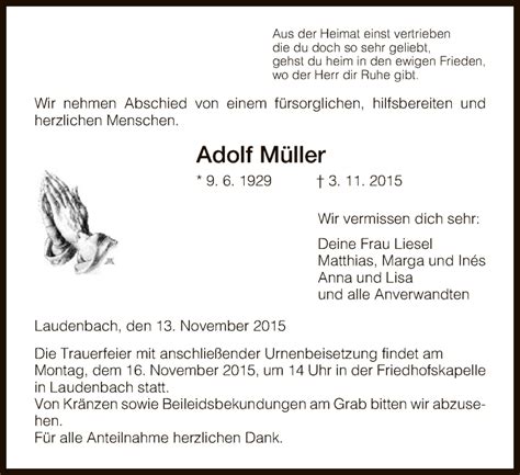 Traueranzeigen Von Adolf M Ller Trauer Hna De