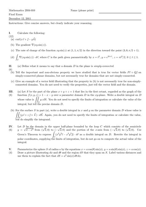 9 questions in final exam differential and intelligence calculus iii math 2934 exams