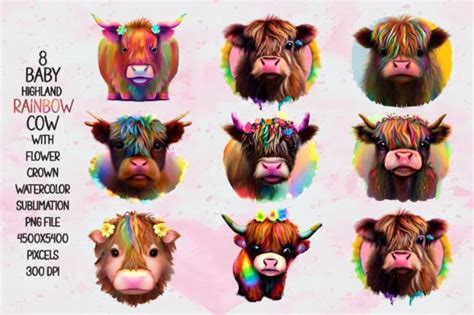 Baby Highland Rainbow Cow Watercolor Png Graphic By Bdb Graphics
