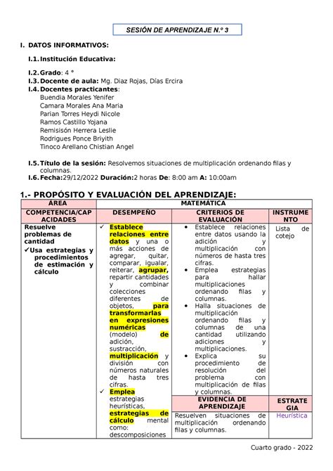 Sesión DE Aprendizaje Matemática 4 Grado I DATOS INFORMATIVOS I