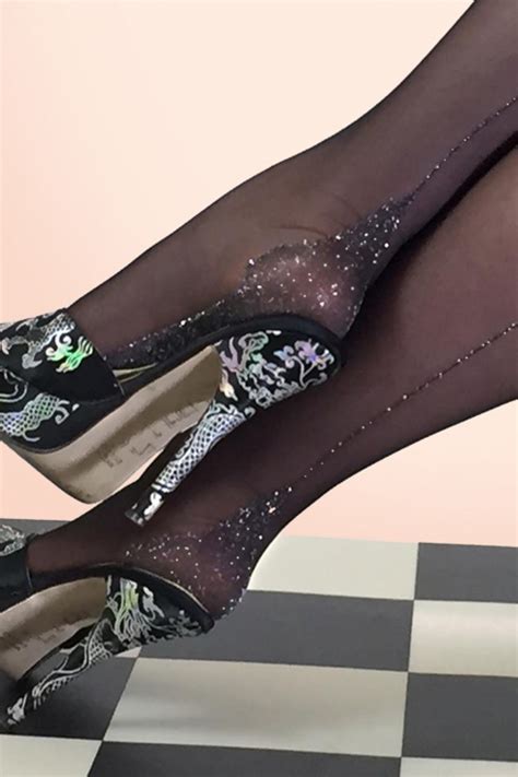 50s Retro Metallic Silver Seamed Stockings In Black