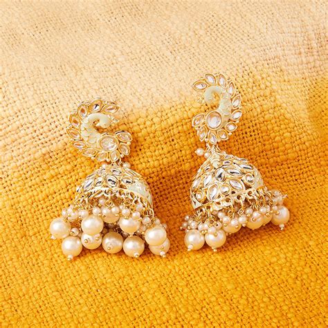 Buy Zaveri Pearls White Meenakari Peacock Inspired Kundan Jhumki