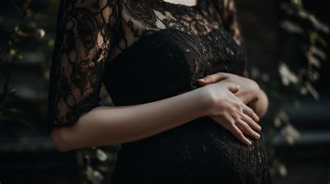 Una Mujer Embarazada Con Un Vestido Negro Sostiene Su Vientre Foto
