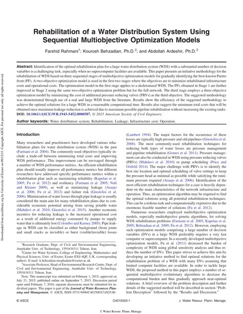 pdf rehabilitation of a water distribution system using sequential multiobjective optimization