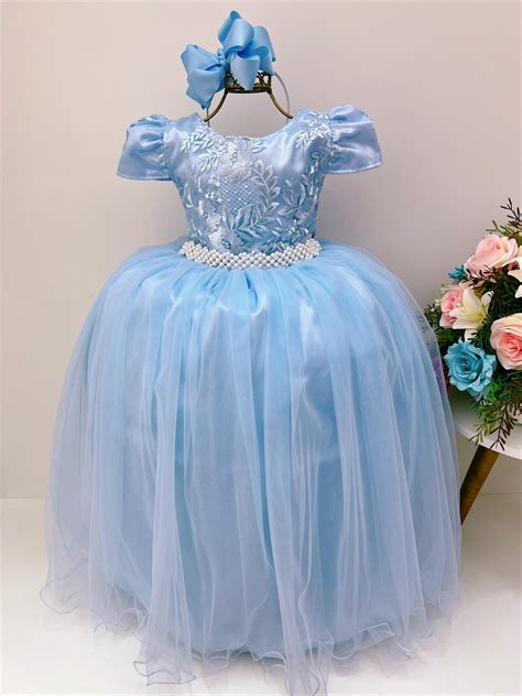 Vestido Infantil Azul Bebê Renda Damas de Honra Casamento Rosa