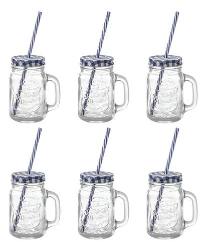 Set 6 Tarros Mason Jar Labrado Vidrio 480ml Tapa Y Popote Color Azul