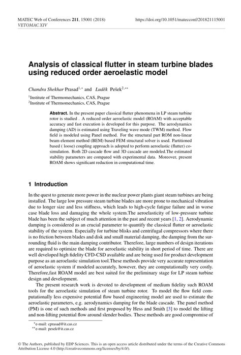 pdf analysis of classical flutter in steam turbine blades using reduced order aeroelastic model