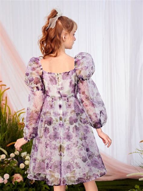 SHEIN Chicas Adolescentes Vestido Con Estampado Floral De Manga