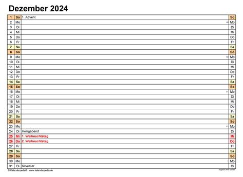 Kalender Dezember 2024 Als PDF Vorlagen