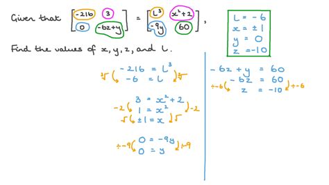 question video using properties of equal matrices to find the values of unknowns nagwa