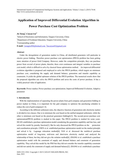 pdf application of improved differential evolution algorithm in power purchase cost