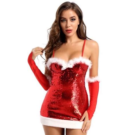 YIZYIF Déguisement Mère Noël Sexy Femme Mini Robe Courte Paillette Dos