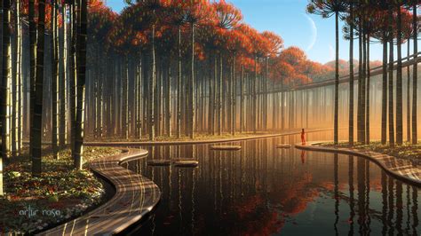 Fondos de pantalla Obra de arte arte digital Árboles río