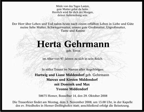 Traueranzeigen Von Herta Gehrmann Trauer In NRW De