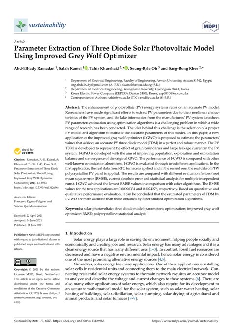pdf parameter extraction of three diode solar photovoltaic model using improved grey wolf