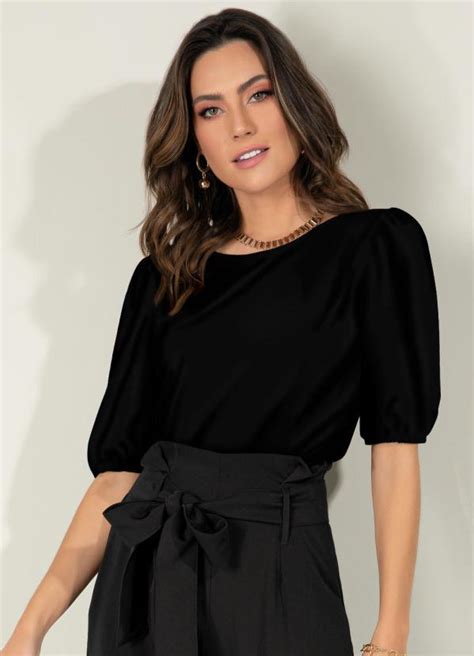 Blusa Preta Decote Canoa Mangas Bufantes Quintess