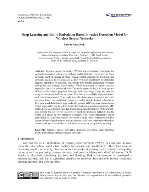 pdf deep learning and entity embedding based intrusion detection model for wireless sensor