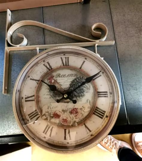 HORLOGE MURALE DOUBLE Cadran Fer Forgé Blanc de Station Avec Coq EUR 85