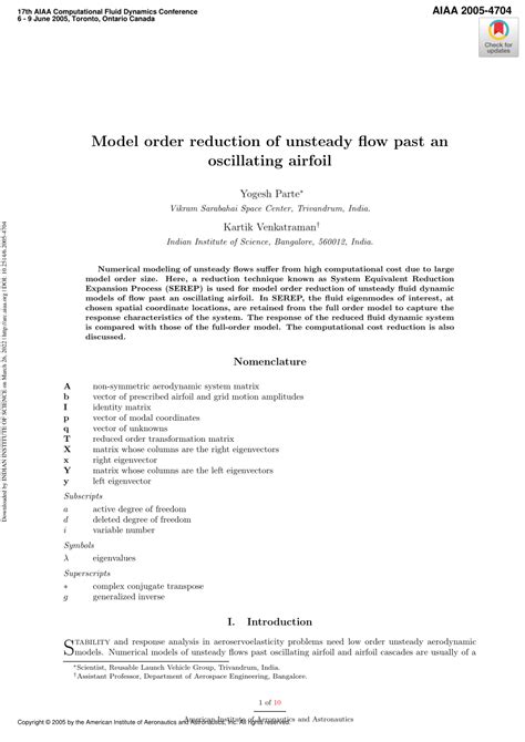 pdf model order reduction of unsteady flow past an oscillating airfoil