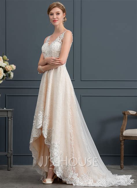 A Line V Neck Asymmetrical Tulle Wedding Dress With Lace 002171923