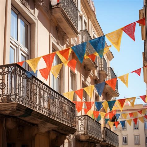 Decoraciones de banderas triangulares de la fiesta en el balcón