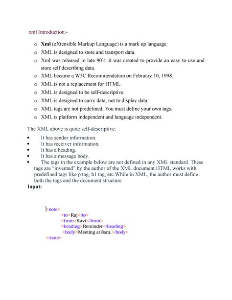 xml introduction xml introduction o xml extensible markup language is a mark up language