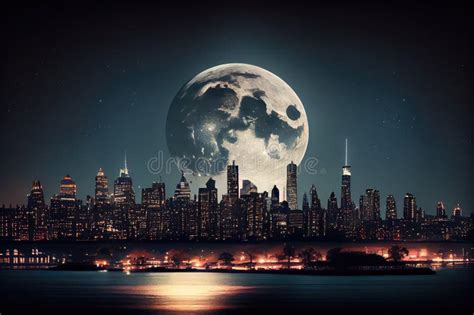 Horizonte Nocturno De La Ciudad Con Luna Llena Brillando En El Cielo