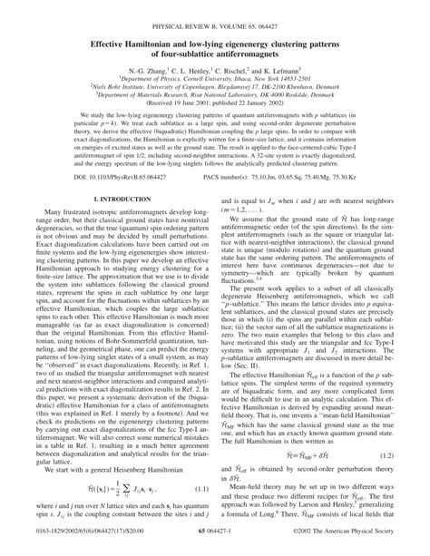 pdf effective hamiltonian and low lying energy clustering patterns of four sublattice