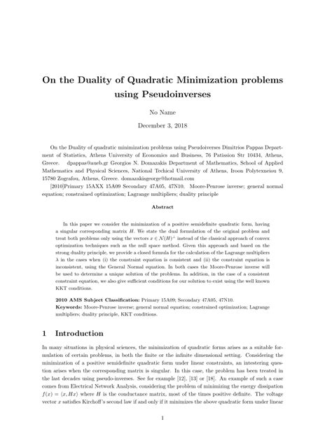 pdf on the duality of quadratic minimization problems using pseudoinverses