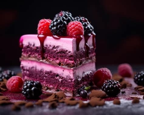 Un Trozo De Pastel Con Bayas Y Chocolate Sobre Un Fondo Negro Vector